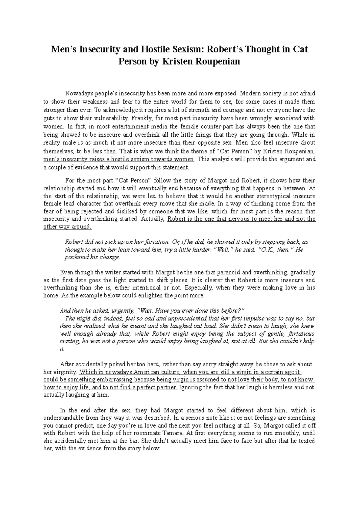 Cat Person Analysis (Gender) - Men’s Insecurity and Hostile Sexism: Robert’s Thought in Cat ...