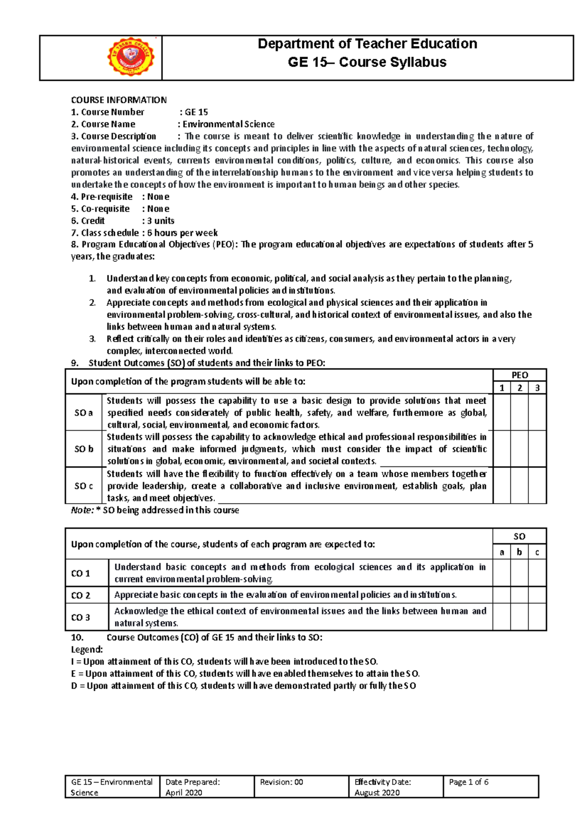 GE 15 Syllabus - Nothing - GE 15– Course Syllabus COURSE INFORMATION 1 ...
