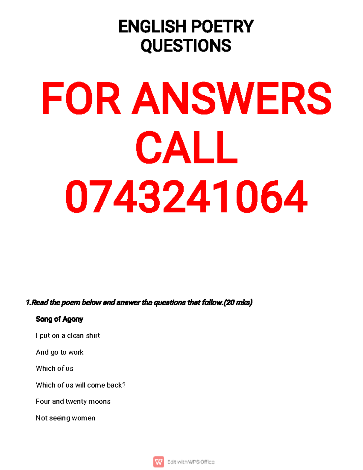Poety QS - Questions - ENGLISH POETRY QUESTIONS FOR ANSWERS CALL ...
