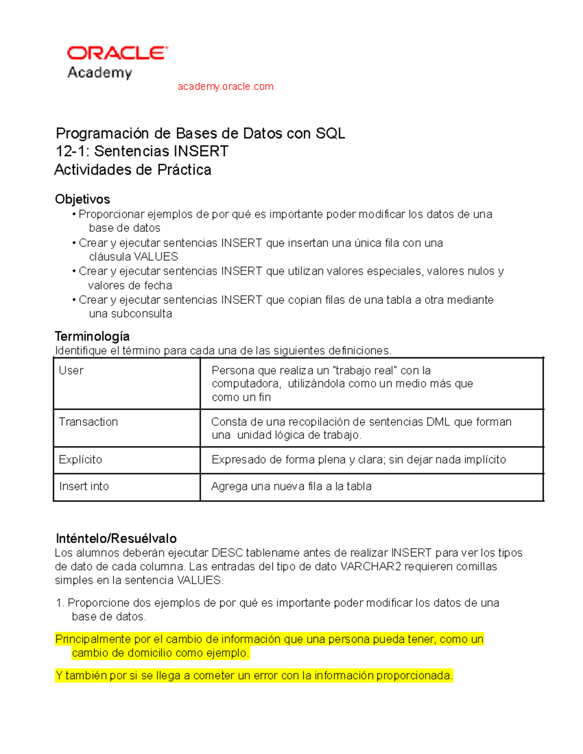 DP 12 1 Practice esp - academy.oracle Programación de Bases de Datos con SQL 12-1: Sentencias ...