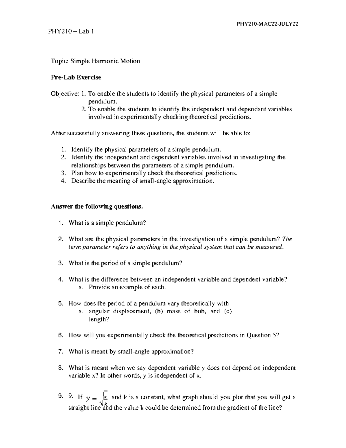 Pre Lab Expt 1- PHY210 - Simple Harmonic Motion - PHY210-MAC22-JULY ...