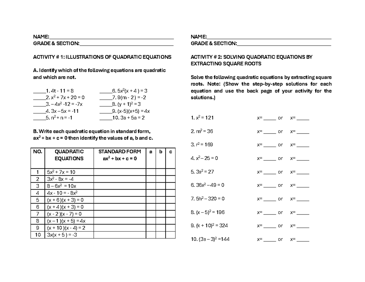 First Quarter Activity IN MATH 9 - GRADE & SECTION