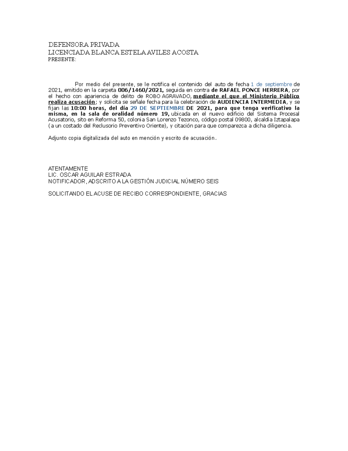 Fecha DE Audiencia Intermedia - DEFENSORA PRIVADA LICENCIADA BLANCA ...