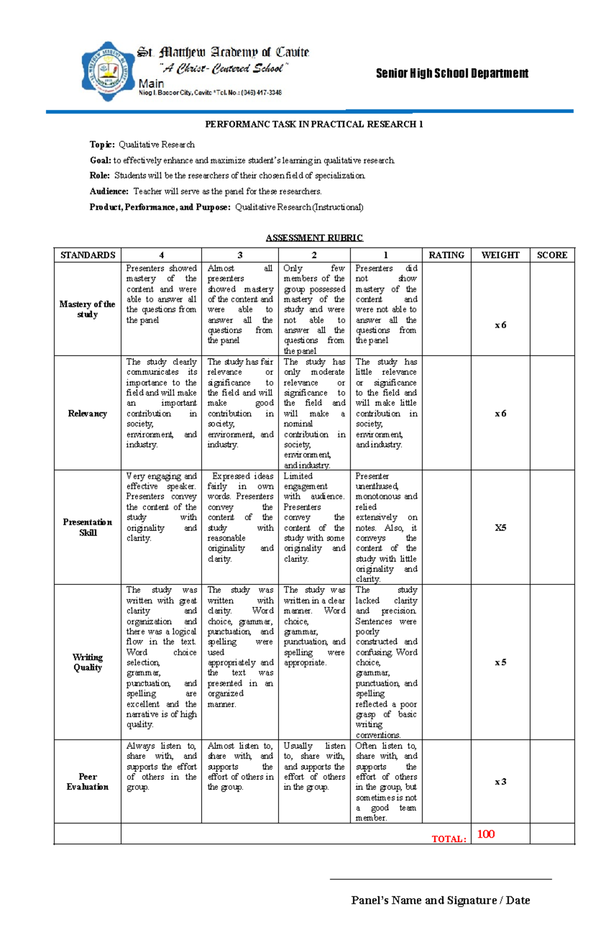 Rubrics FOR ORAL Defense 2024 - Senior High School Department ...