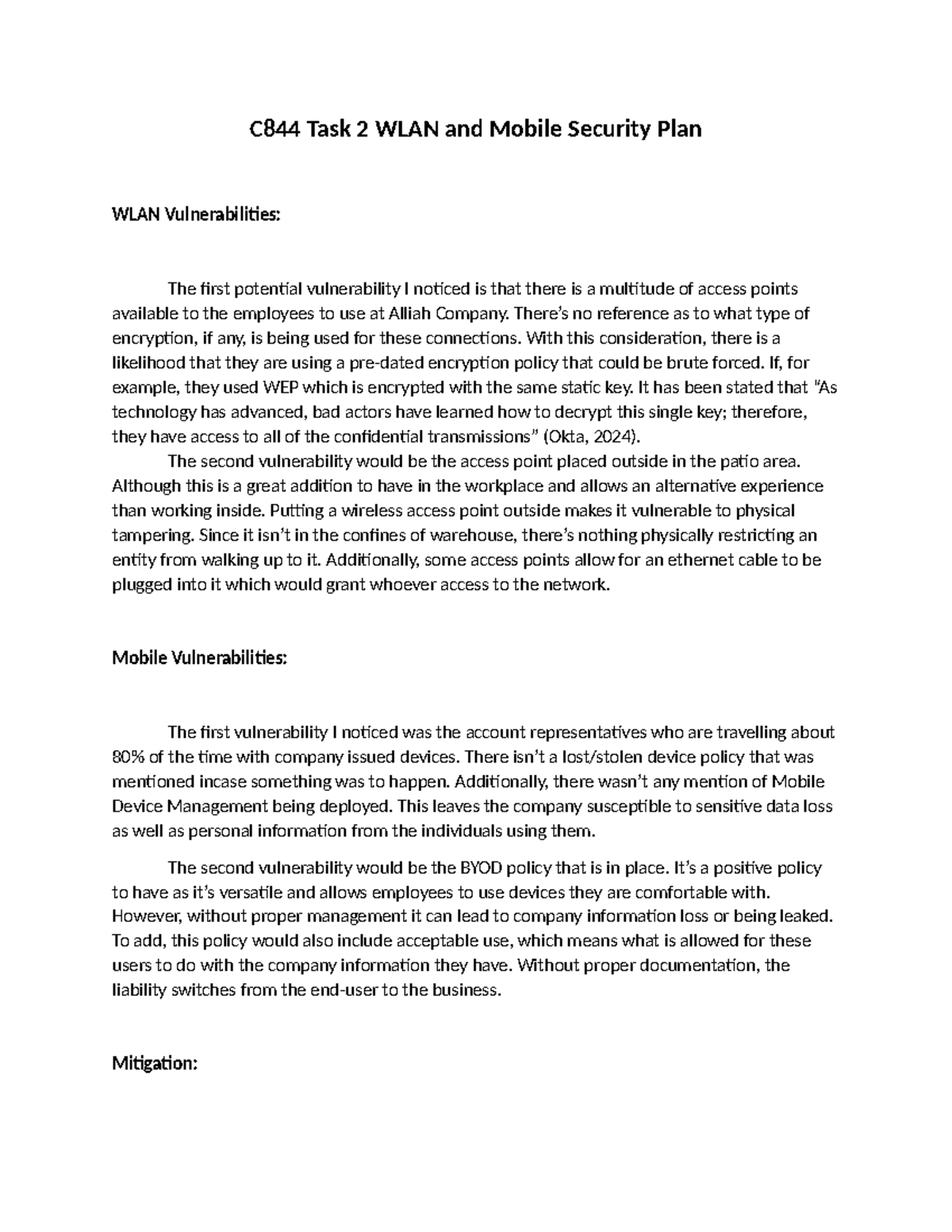 C844 Task 2 WLAN and Mobile Security Plan - There’s no reference as to what type of encryption ...