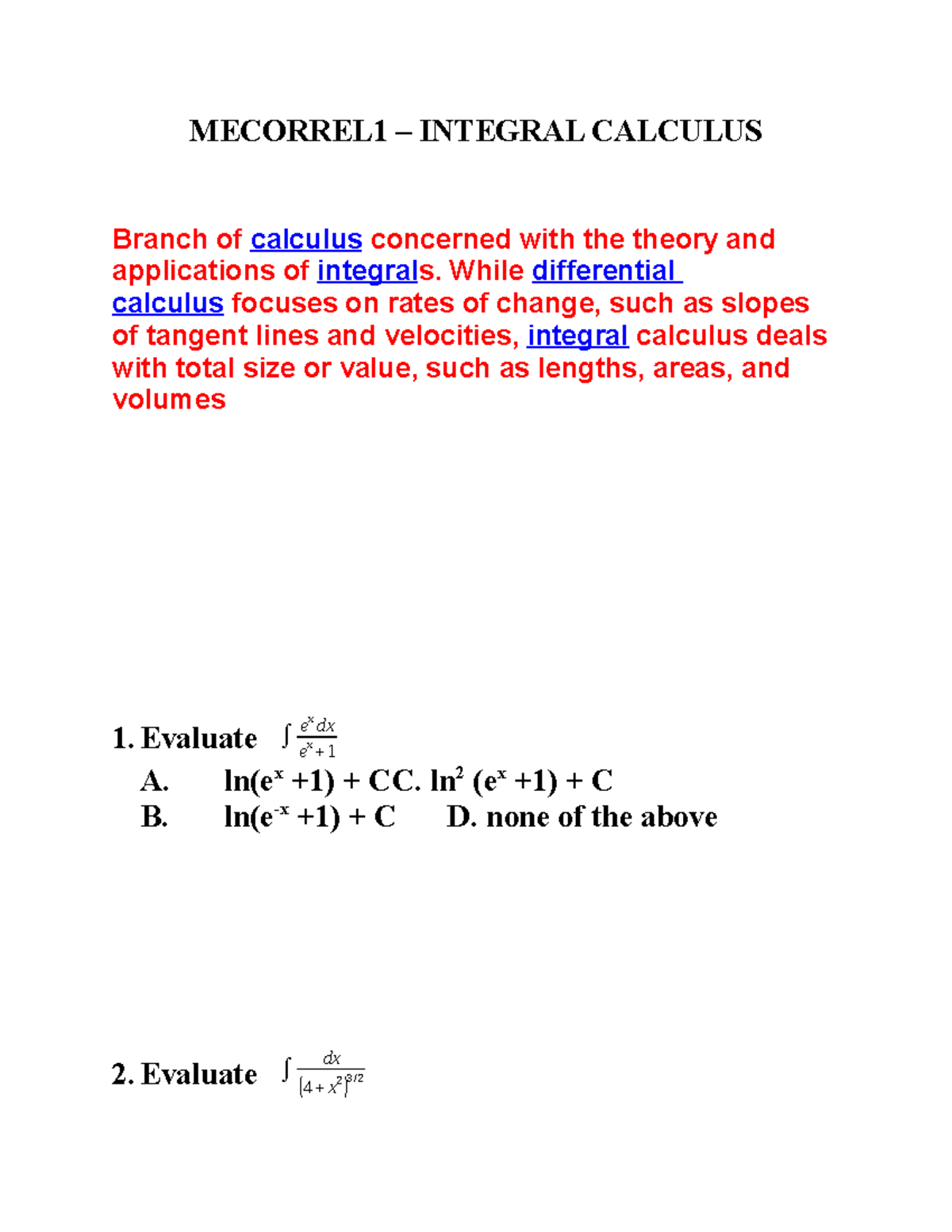 Integral Calculus - Correl 1 Inegral - MECORREL1 – INTEGRAL CALCULUS ...