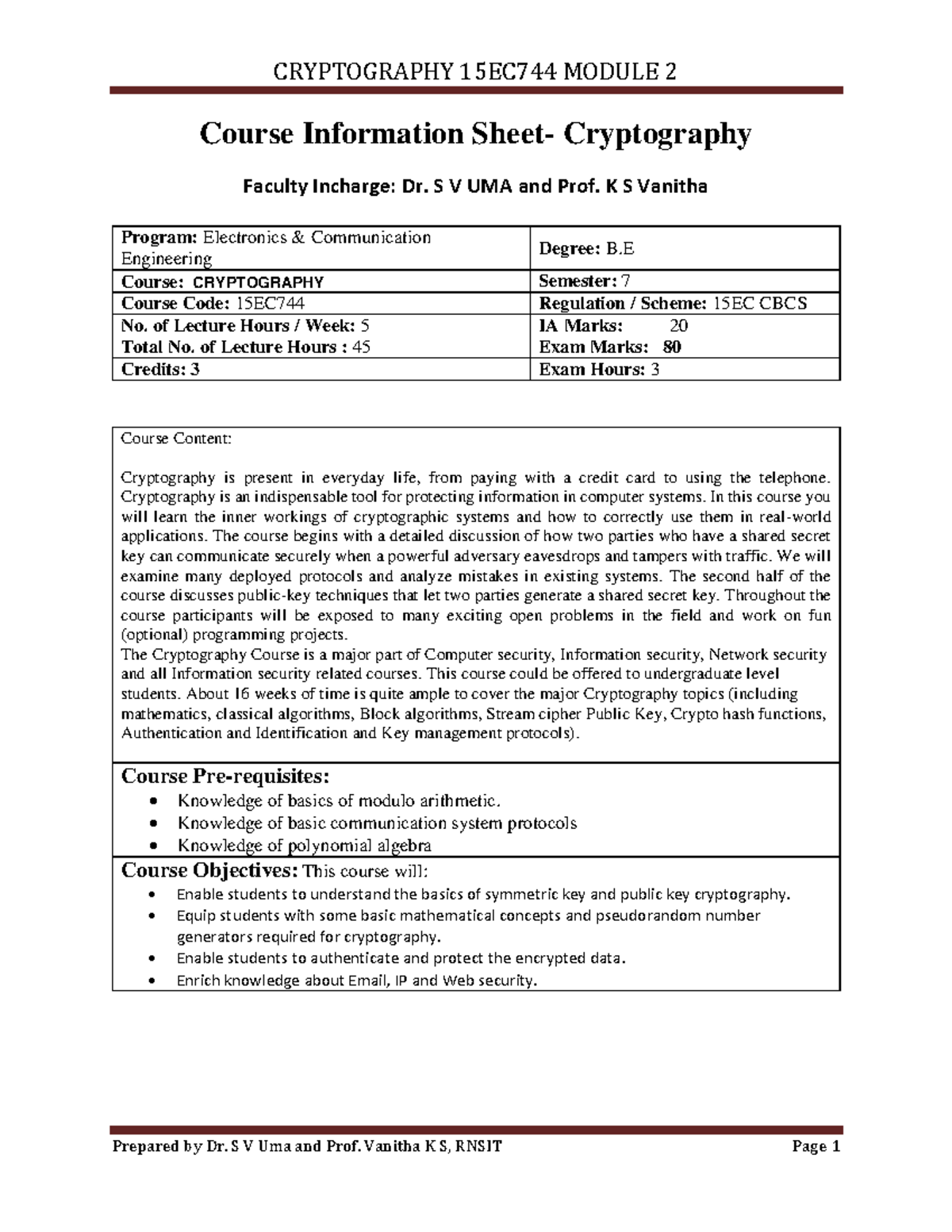 Module 2 Crypty - Cryptography 15 scheme notes - Course Information ...