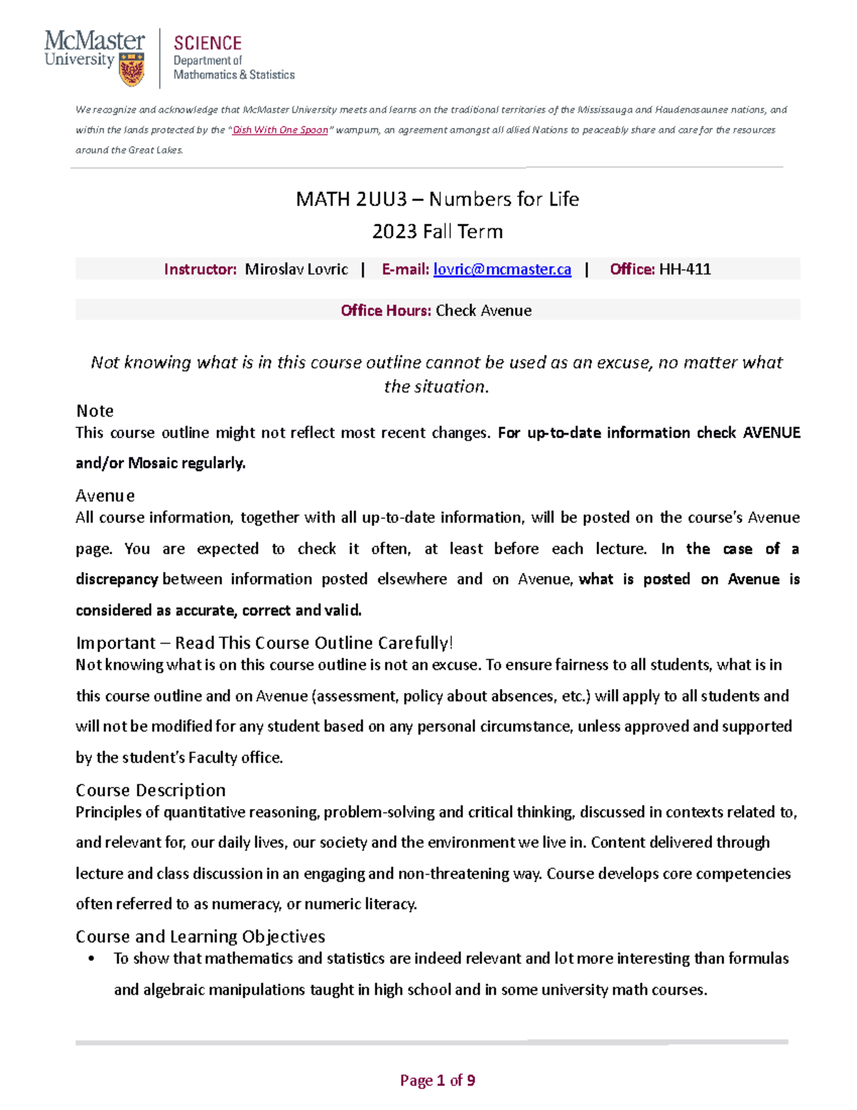 MATH 2UU3 Numbers for Life - F2023 - We recognize and acknowledge that ...