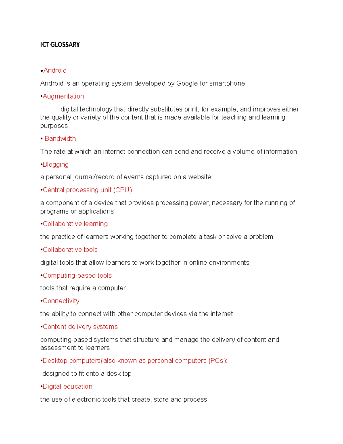 ICT Glossary - ICT GLOSSARY Android Android is an operating system ...