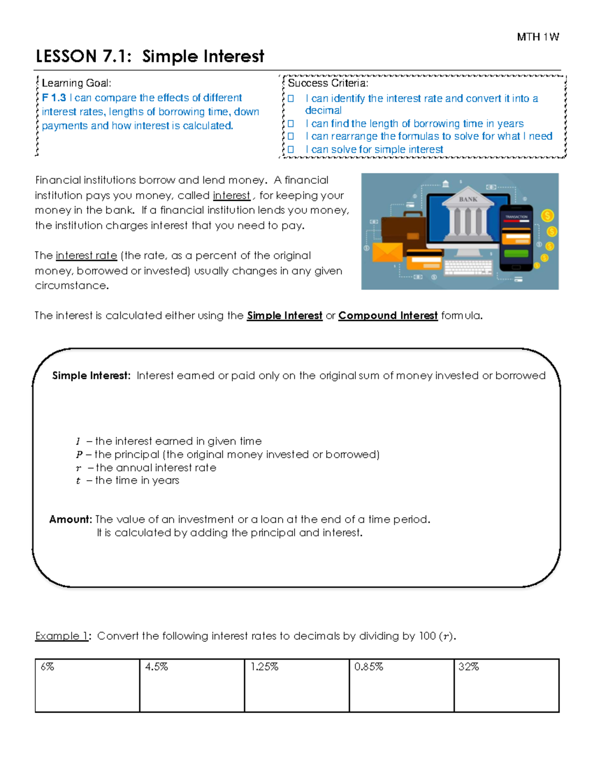 Simple Interest - MTH 1W LESSON 7: Simple Interest Financial ...