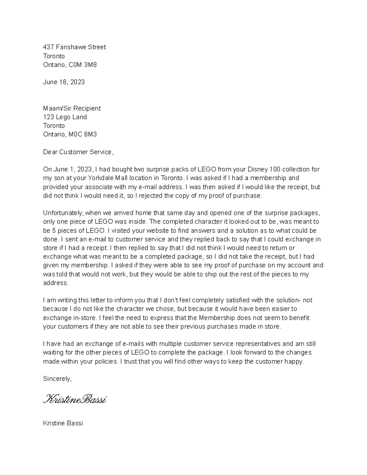 Letter Assignment - COMM 3082 (Bassi, Kristine) - COMM-3020 - Fanshawe ...