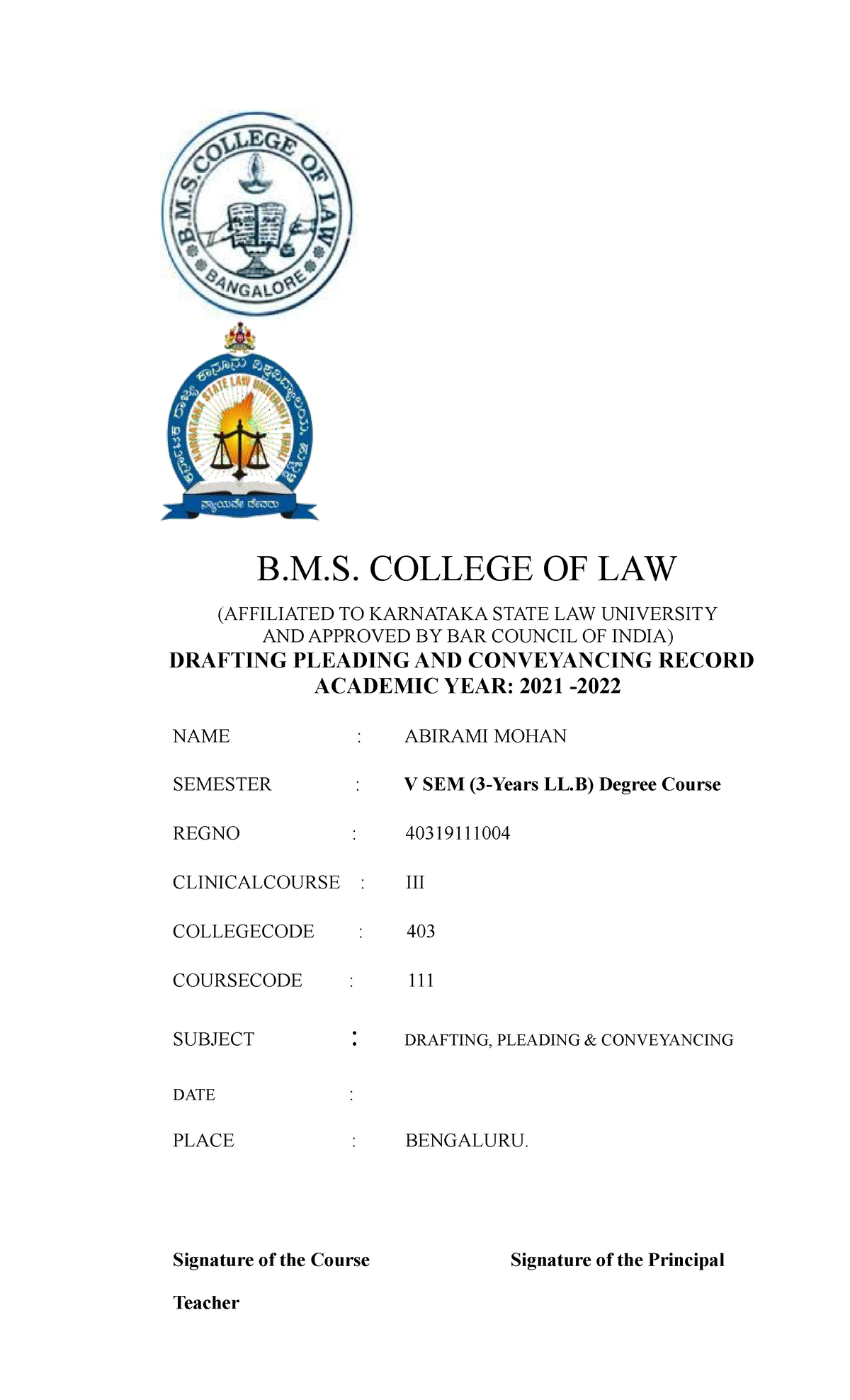 DPC SHEEt A - Question papers and pattern - B.M. COLLEGE OF LAW (AFFILIATED TO KARNATAKA STATE ...