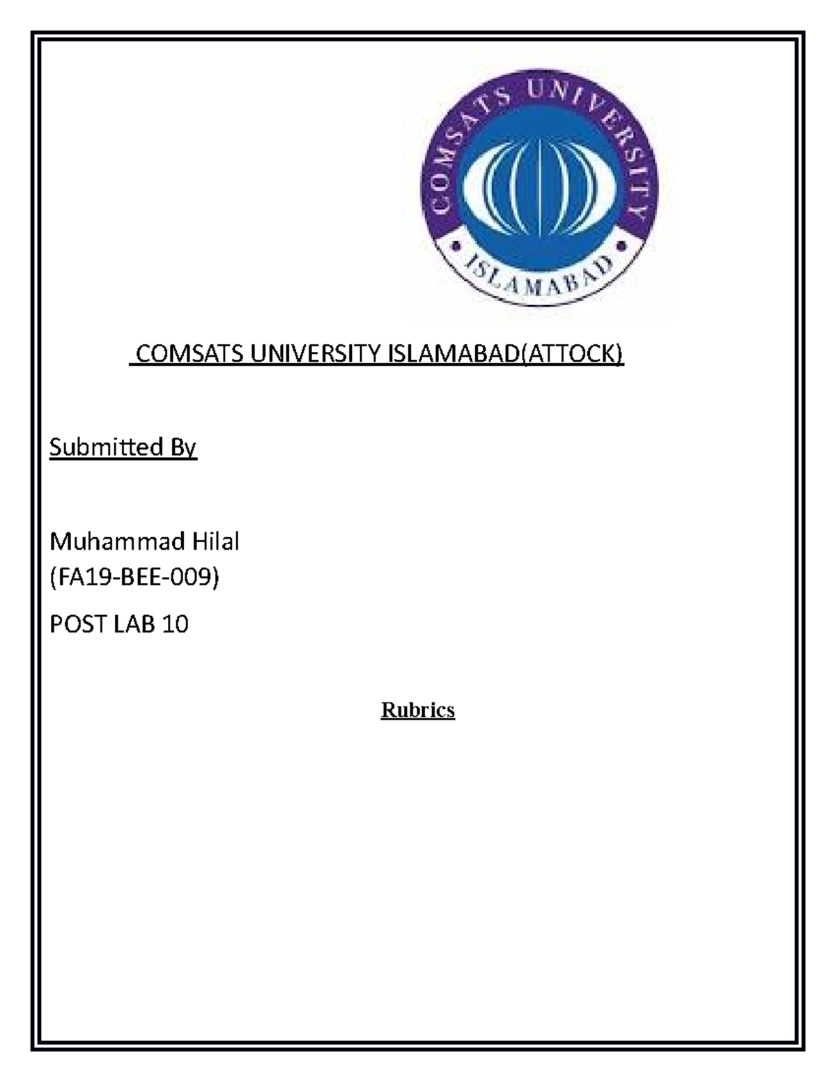 Post Lab Report 10 - COMSATS UNIVERSITY ISLAMABAD(ATTOCK) Submitted By ...