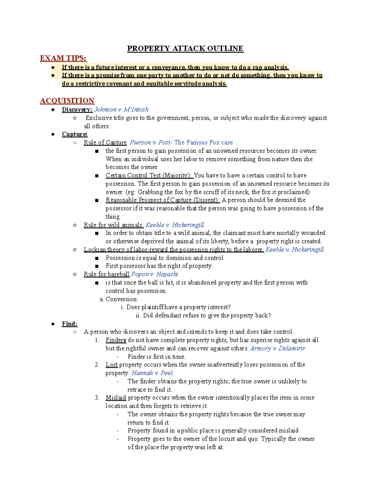 Property Outline - PROPERTY ATTACK OUTLINE EXAM TIPS: If there is a ...