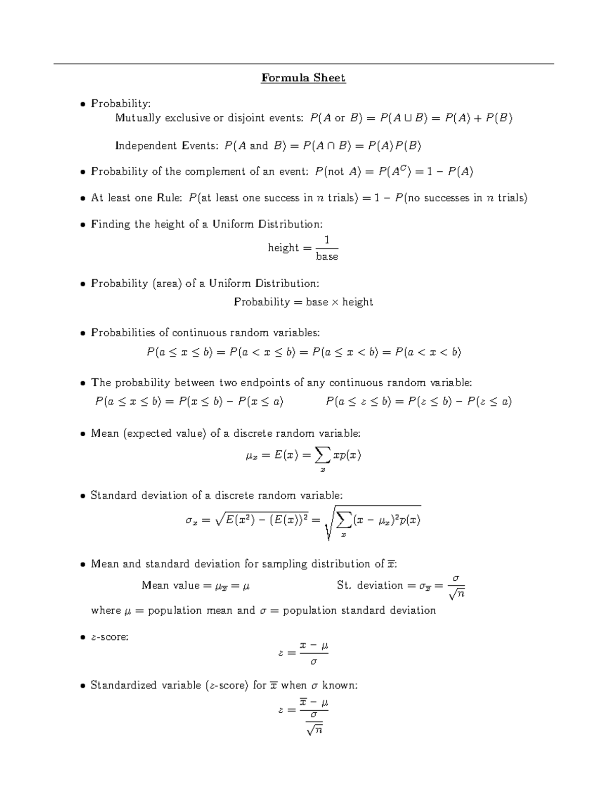 Formula Sheet V2 - Formula Sheet Probability: Mutually exclusive or ...