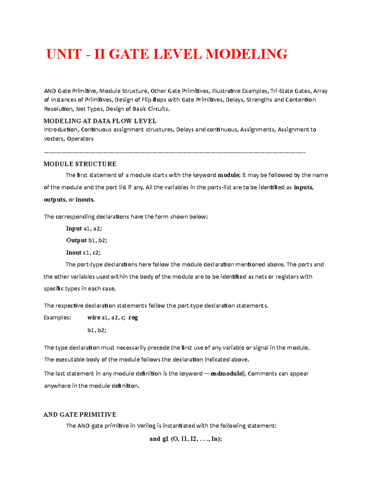 Unit1 Gate Level Modeling Unit Ii Gate Level Modeling And Gate Primitive Module Structure