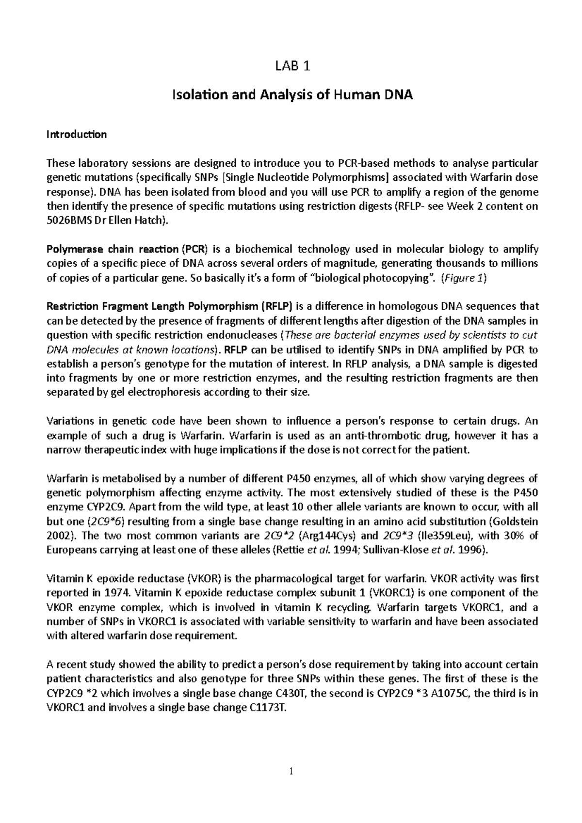 Lab 1 - Isolation and Analysis of Human DNA - LAB 1 Isolation and ...