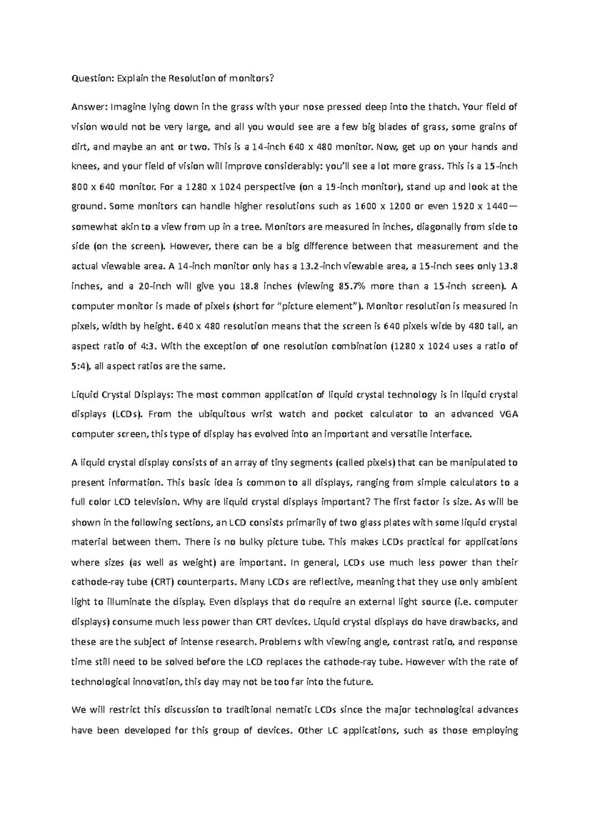 Explain the Resolution of monitors - Question: Explain the Resolution ...