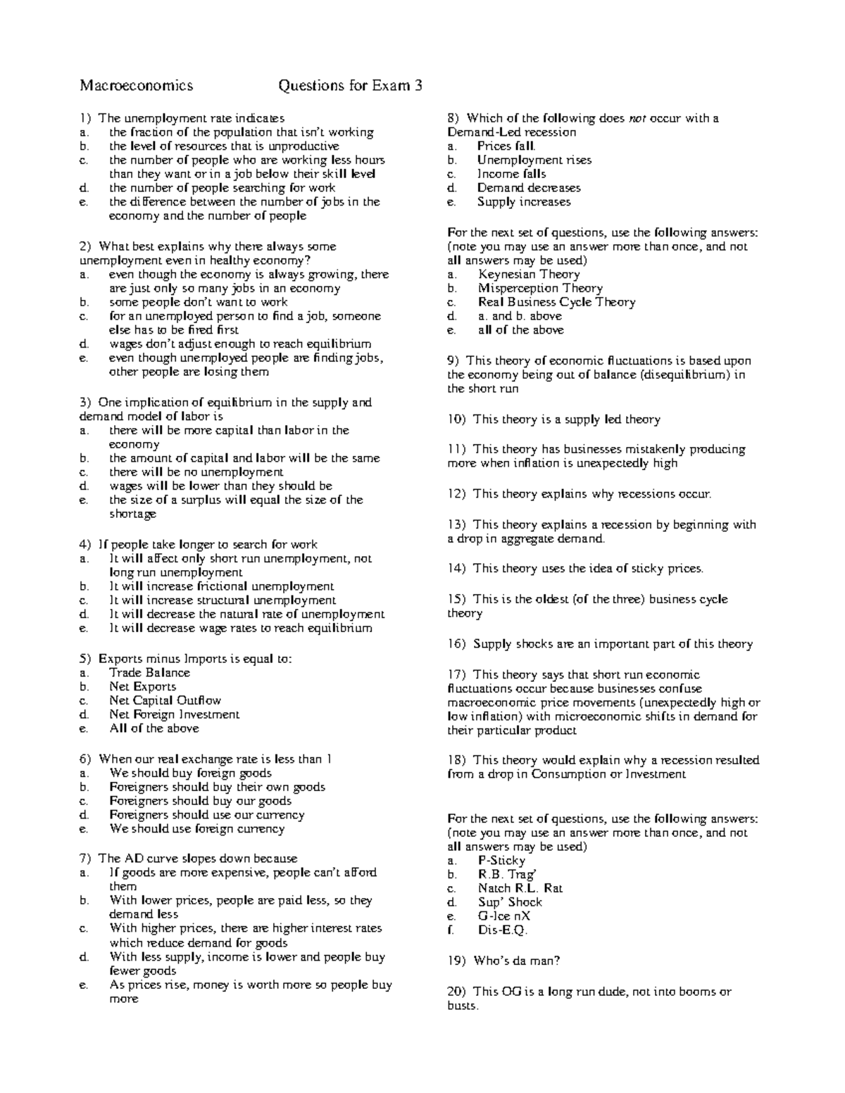 Study questions for section 3 - Macroeconomics Questions for Exam 3 1 ...