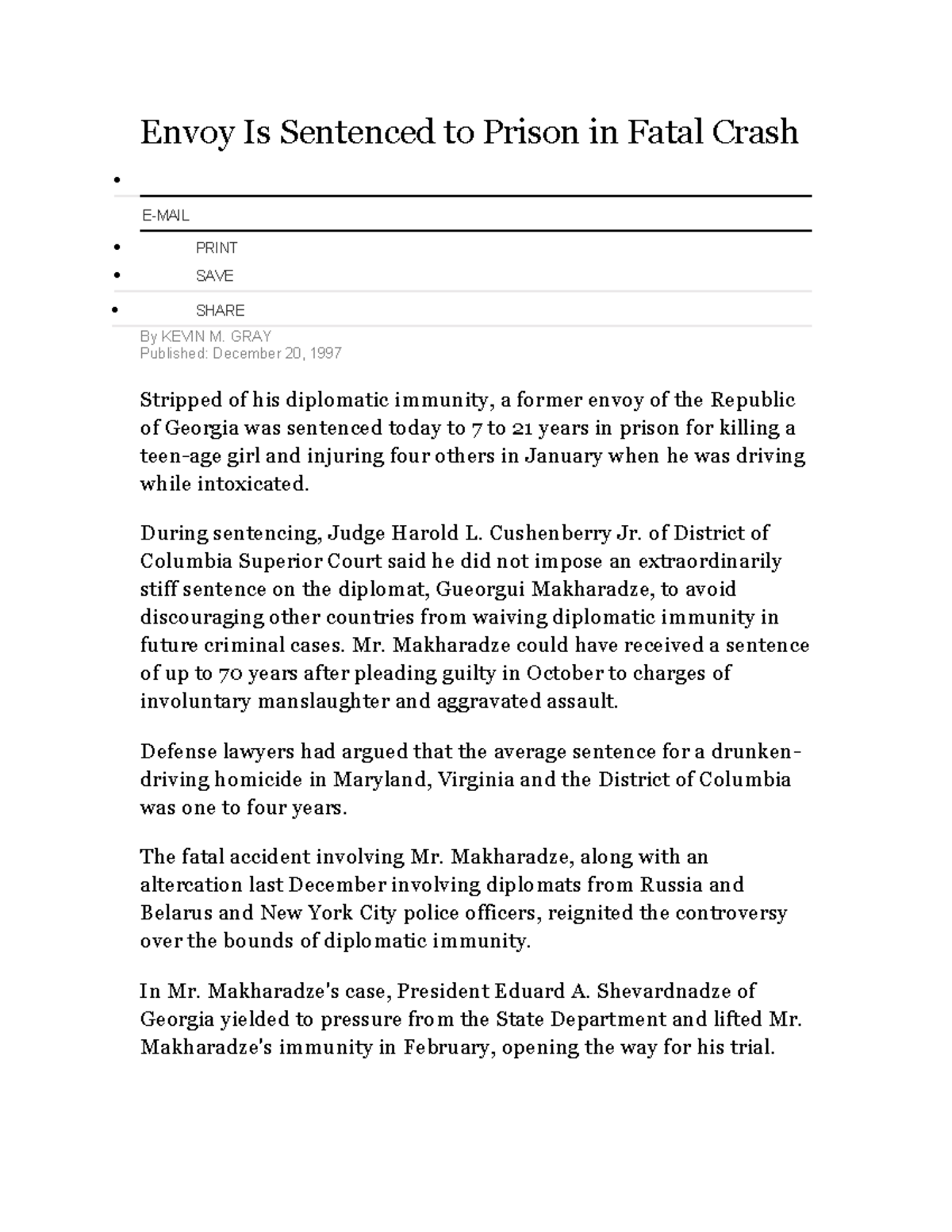 Envoy Is Sentenced to Prison in Fatal Crash - Envoy Is Sentenced to ...