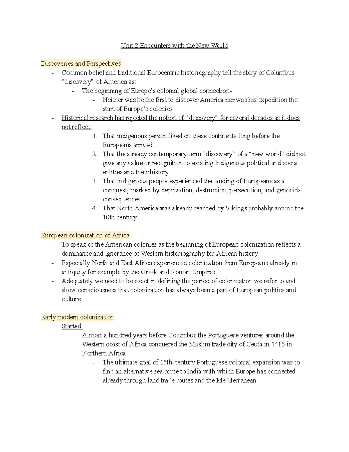 Lecture Notes 1 - Unit 2 Encounters with the New World Discoveries and ...