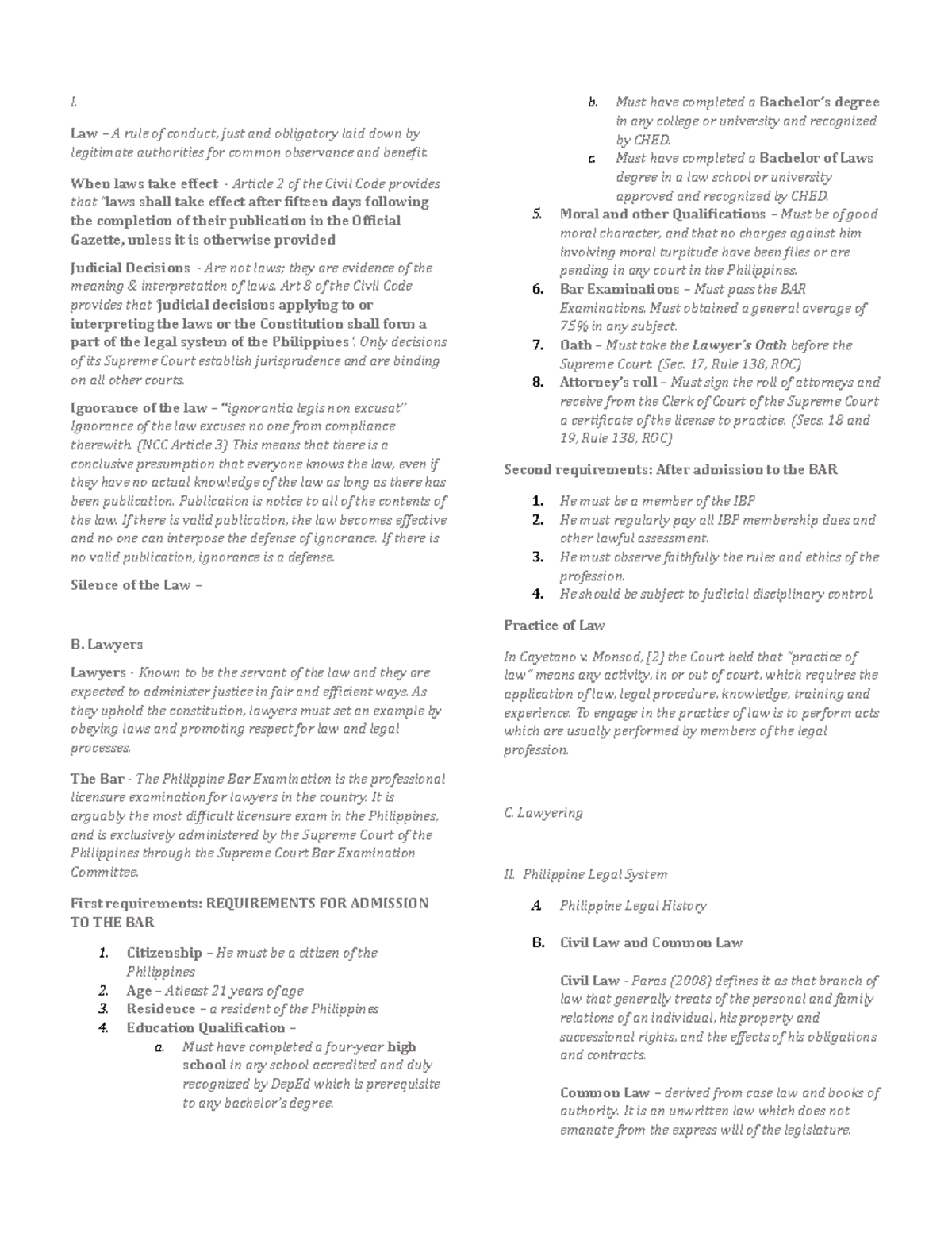 Intro to law notes - I. Law – A rule of conduct, just and obligatory ...