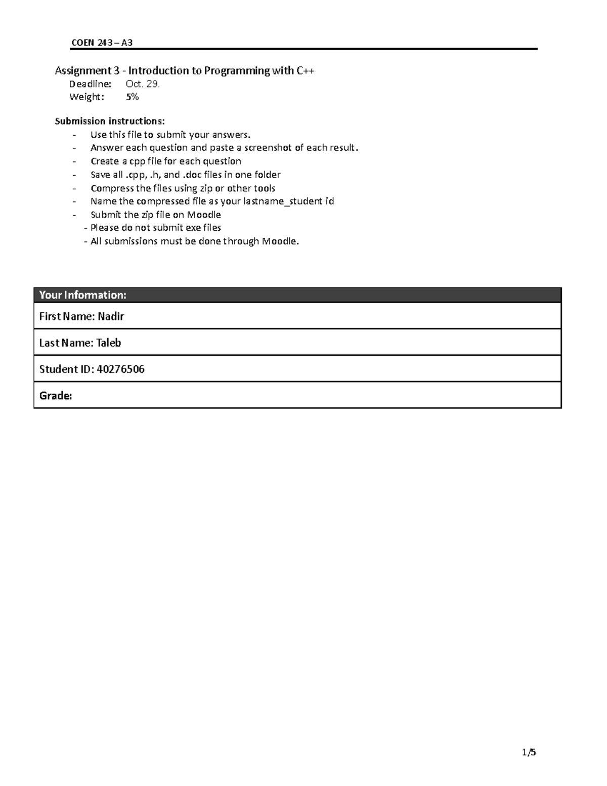 COEN243 A3 F 2023 V2 - 111111111111 - COEN 243 – A 1 / Assignment 3 - Introduction to ...