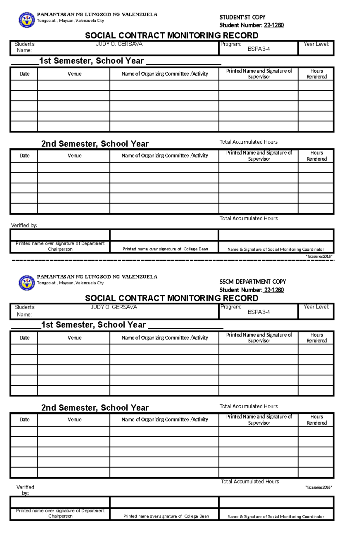Sample Monitoring Social FORM - PAMANTASAN NG LUNGSOD NG VALENZUELA ...