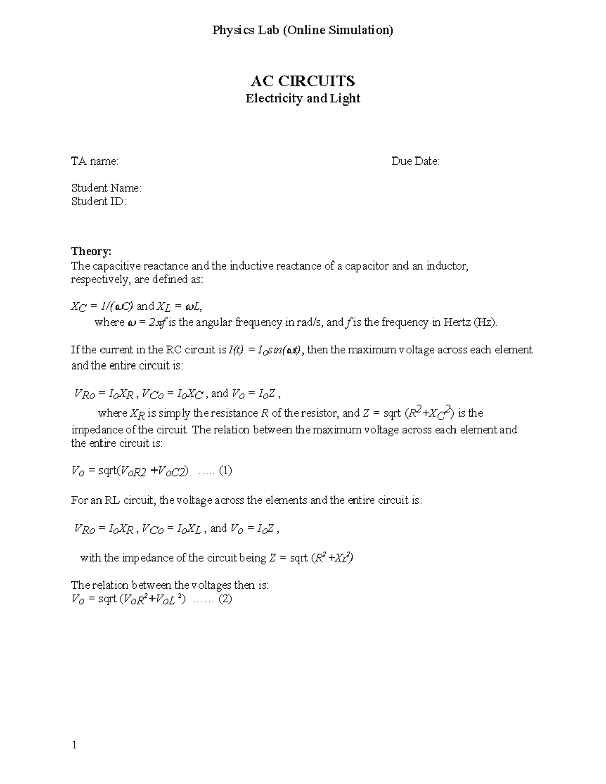 04 Ac Circuits Online Ac Circuits Electricity And Light Ta Name Due