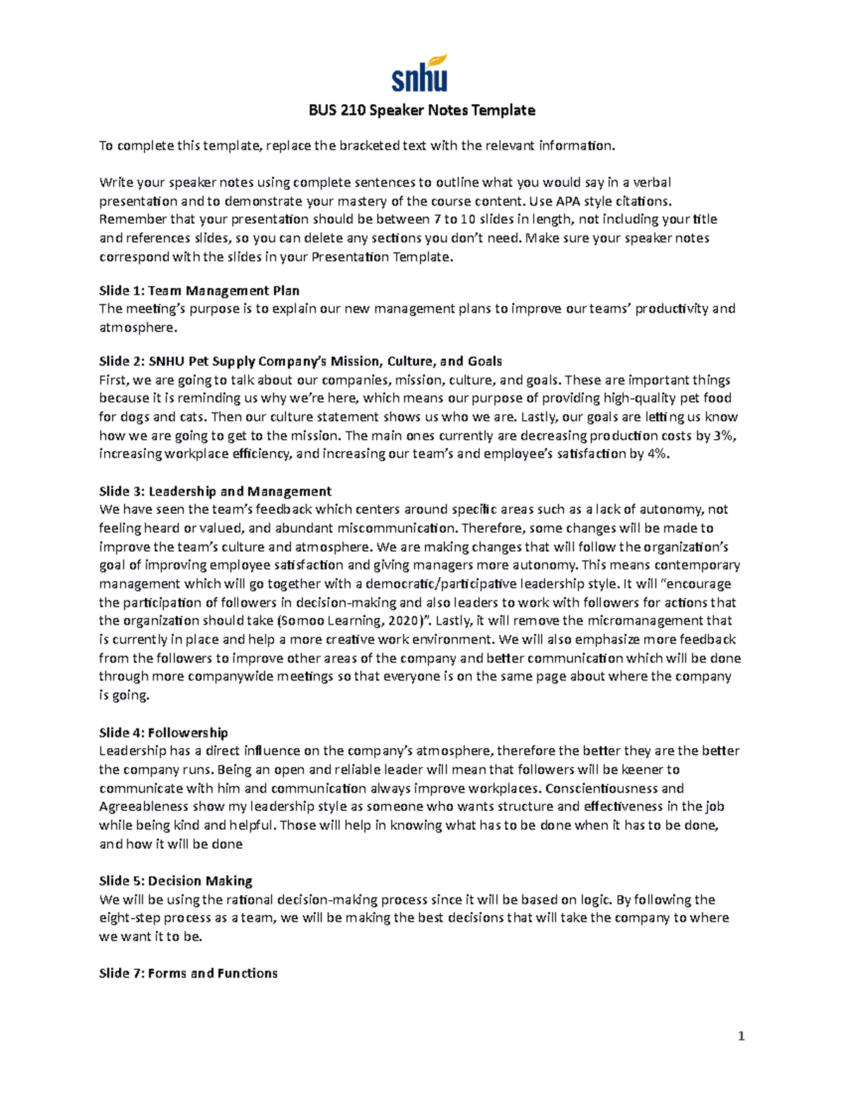 BUS 210 Speaker Notes - Project One - BUS 210 Speaker Notes Template To ...