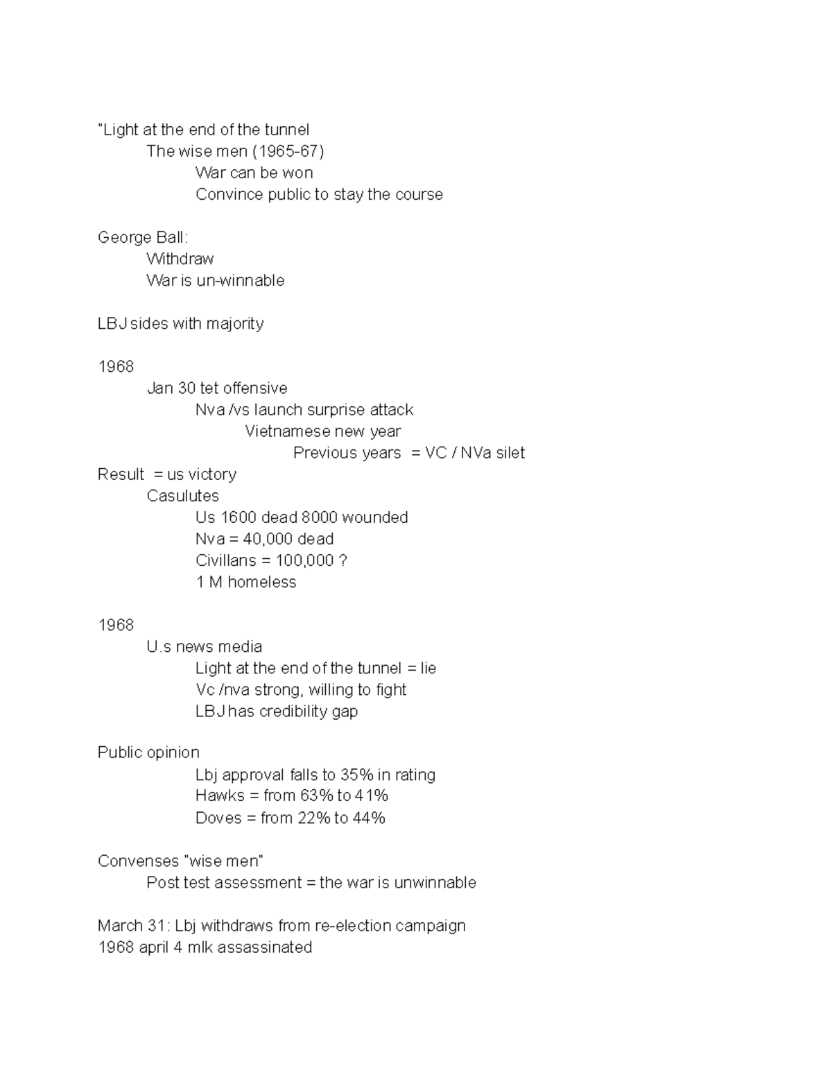 Vietnam War part 3 - Lecture notes - “Light at the end of the tunnel ...