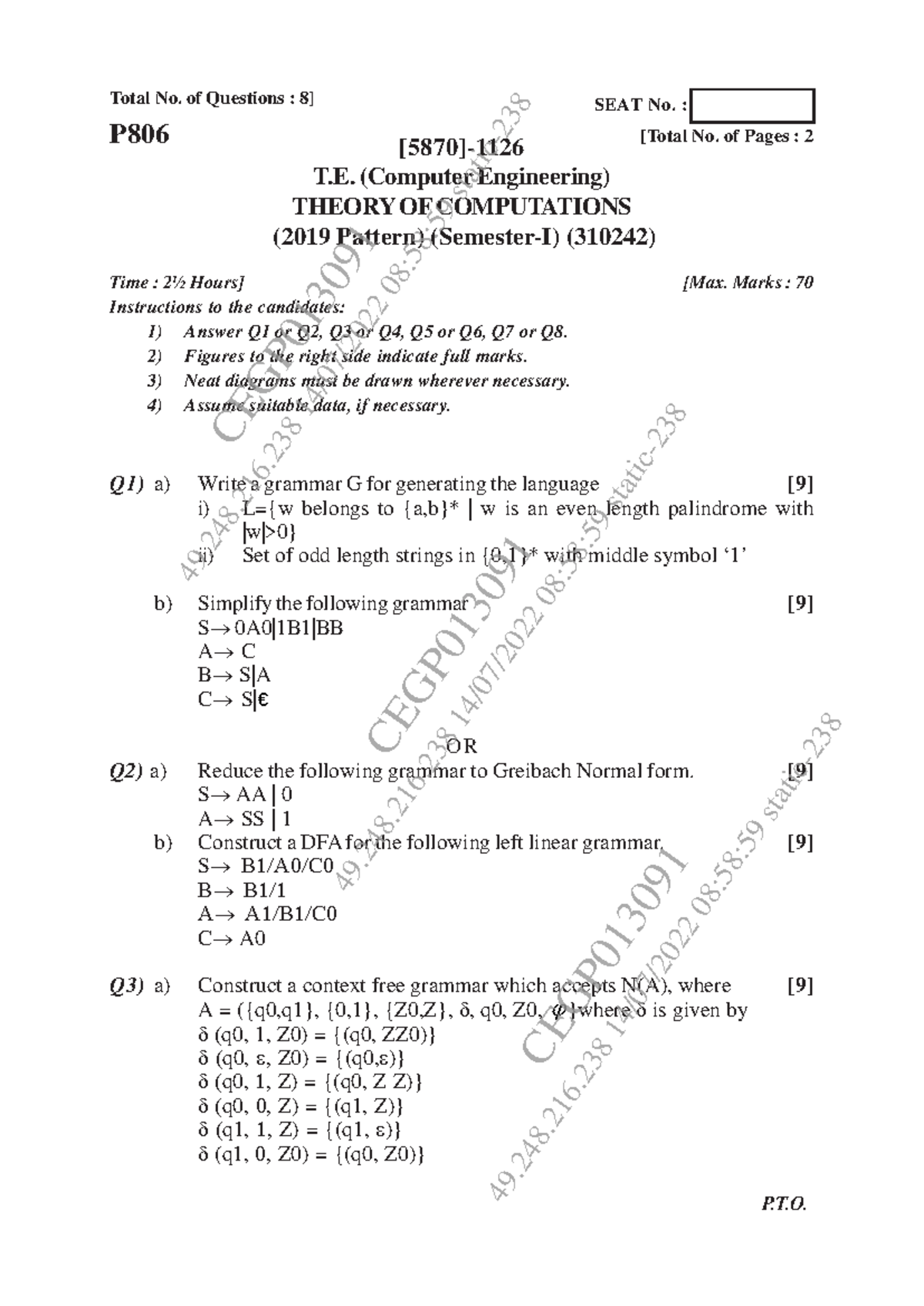 Endsem TOC ALL PYQ - question paper - Total No. of Questions : 8] [5870]- T. (Computer ...