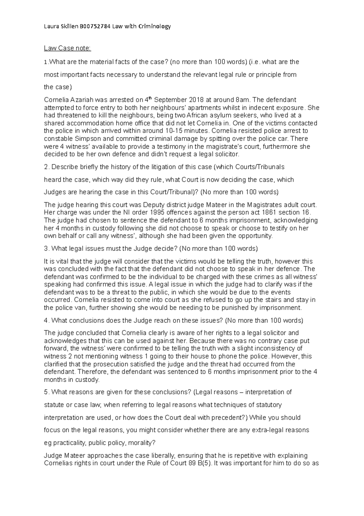 Law Case note - case note - Laura Skillen B00752784 Law with ...