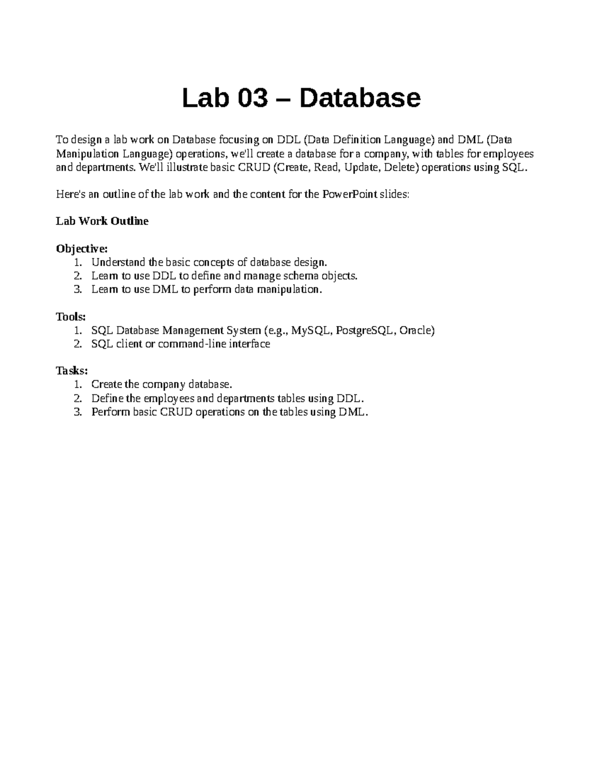 Labwork 03 Database - lab notes for students - Lab 03 – Database To ...