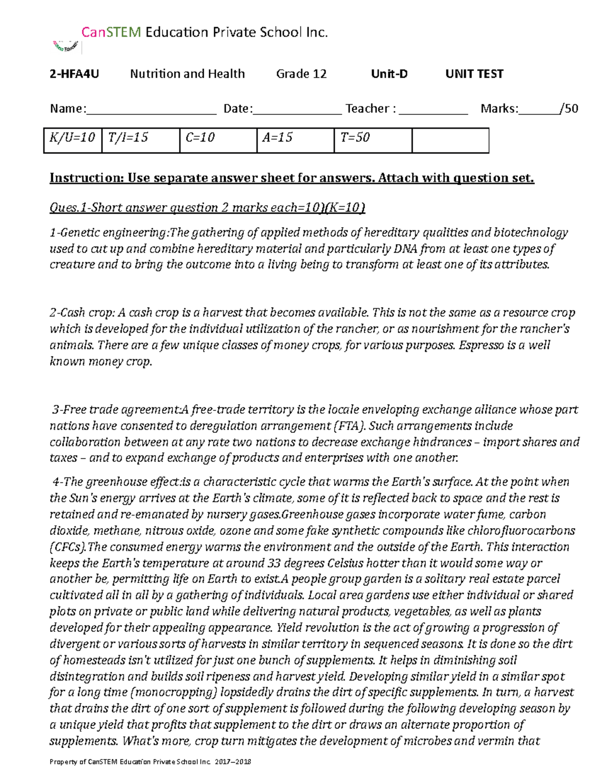 Copy of 4-Unit D-Test - test - 2-HFA4U Nutrition and Health Grade 12 ...