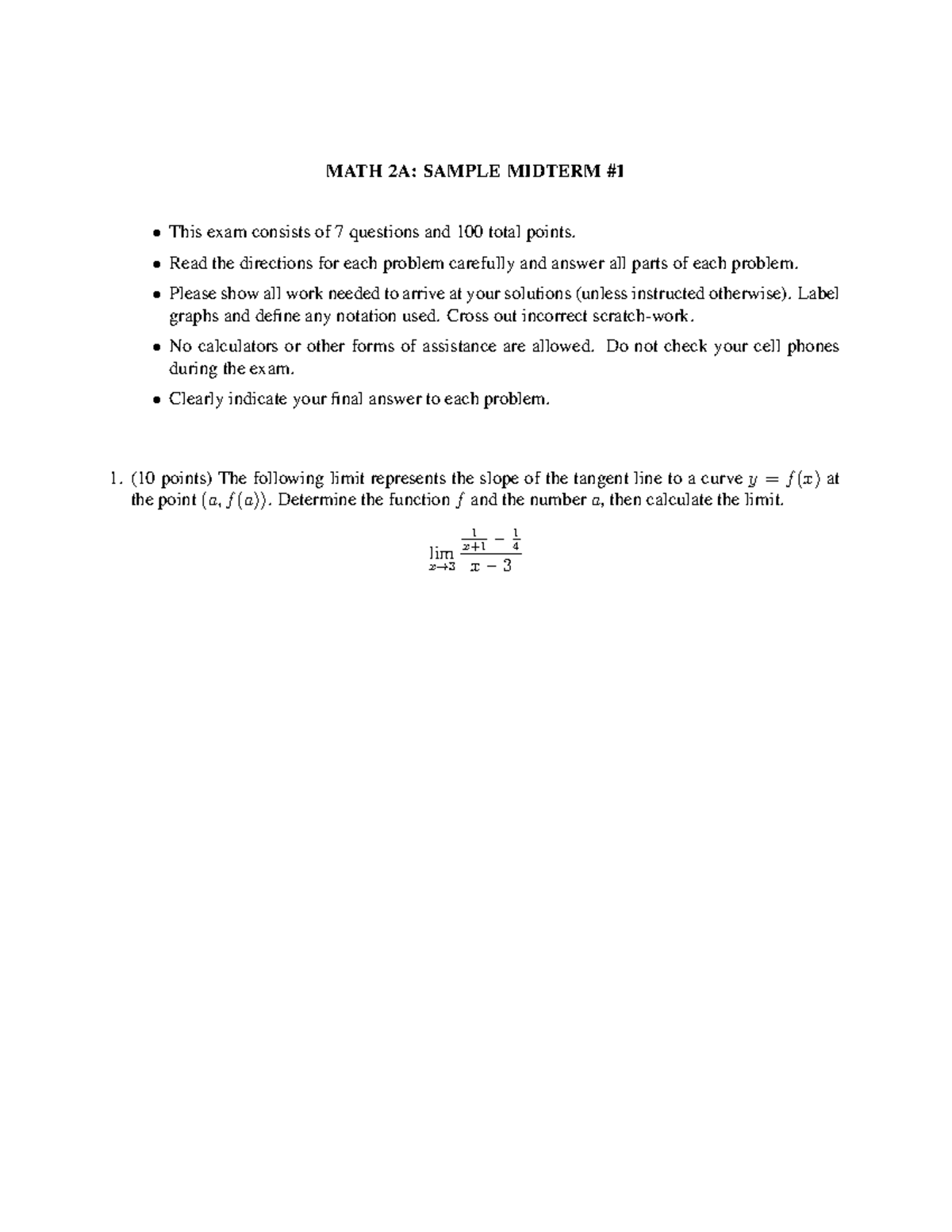 2A-Midterm 1-Sample - practice - MATH 2A: SAMPLE MIDTERM This exam consists of 7 questions and ...