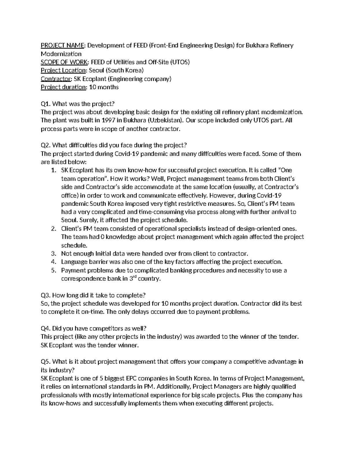 For Dilfuza - Lecture notes - PROJECT NAME: Development of FEED (Front ...
