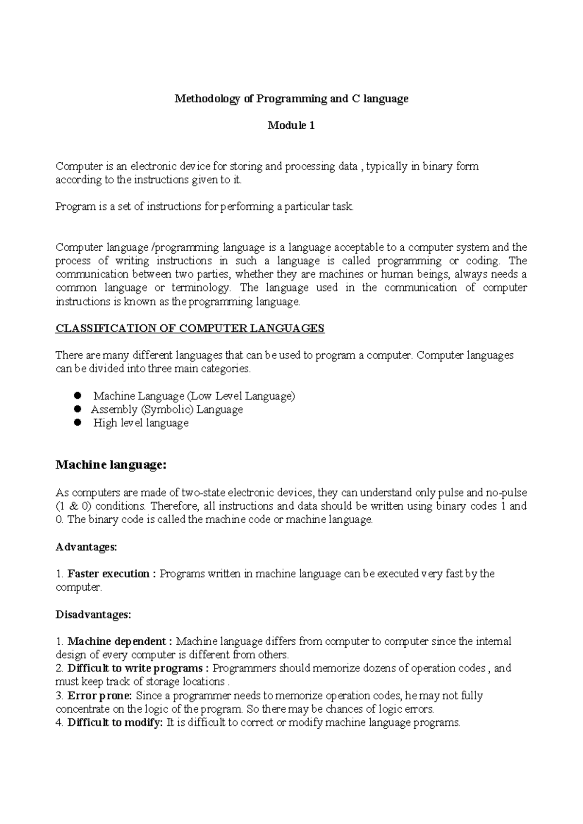 C Programming Module 1 note - Methodology of Programming and C language Module 1 Computer is an ...