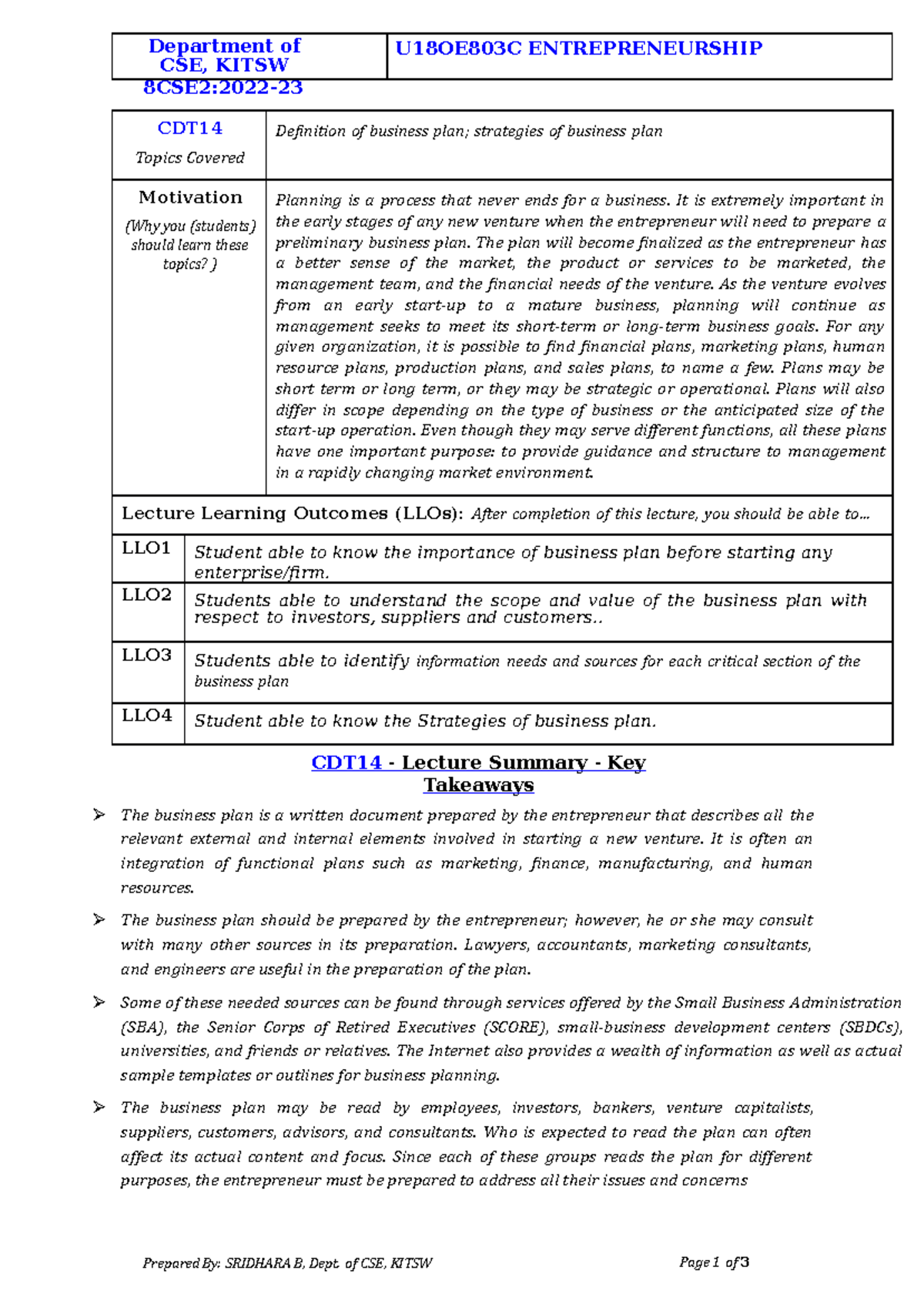 Ed Cdt14 Summary 8cse2 2022 23 Department Of Cse Kitsw 8cse22022 Cdt 14 Lecture U18oe803c