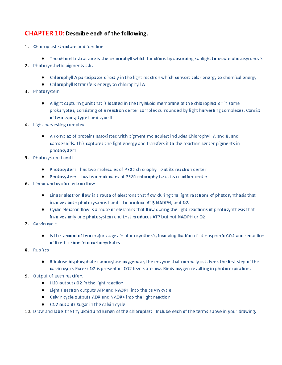 Homework Ch 10 - Chapter 10- Photosynthesis - CHAPTER 10: Describe each of the following. - Studocu