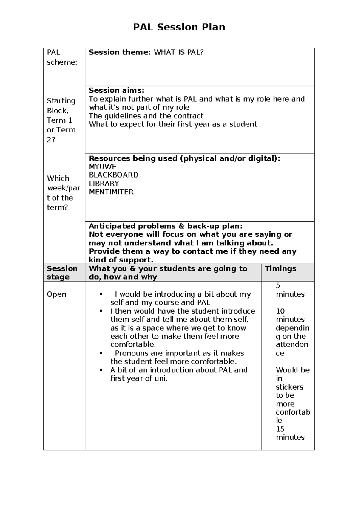 PAL session plan - ksksksks - PAL Session Plan PAL scheme: Starting ...