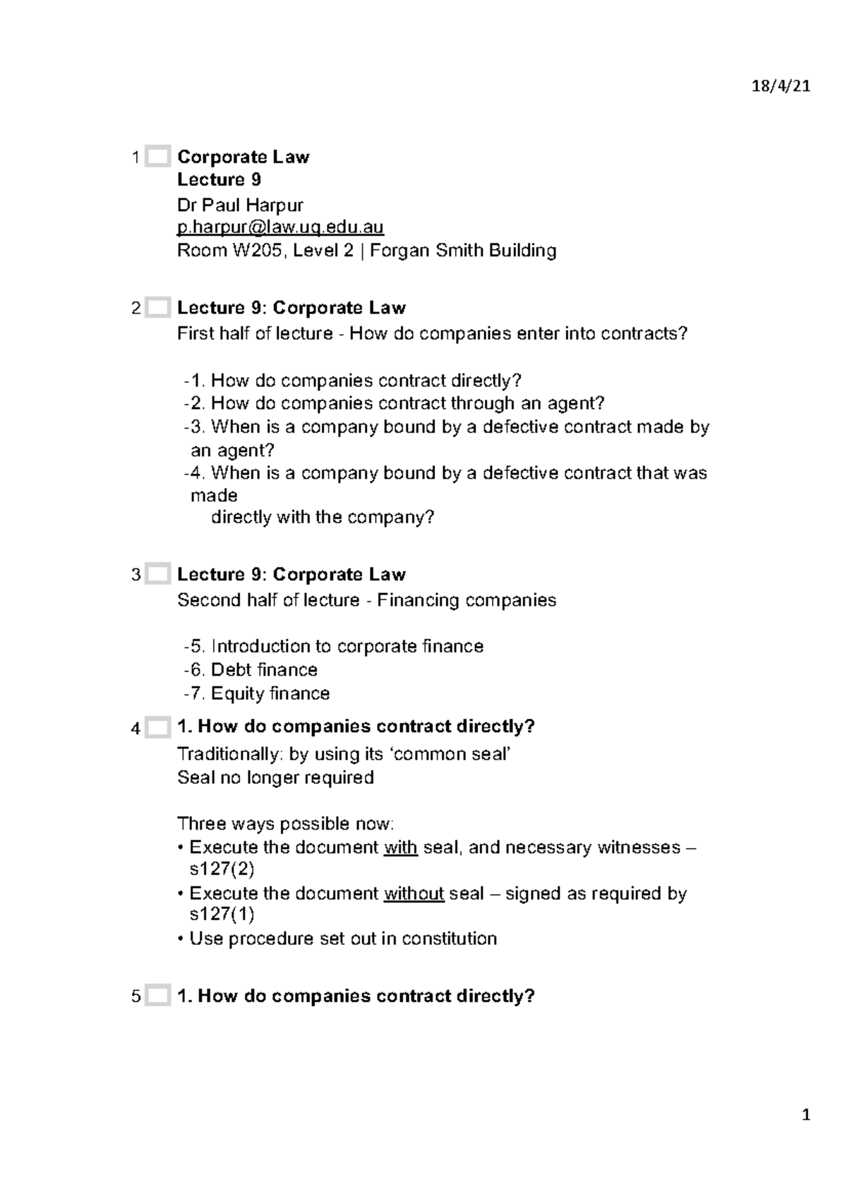 Wk9 lect 9, 2021 sem 1 lecture notes from slides - Corporate Law ...