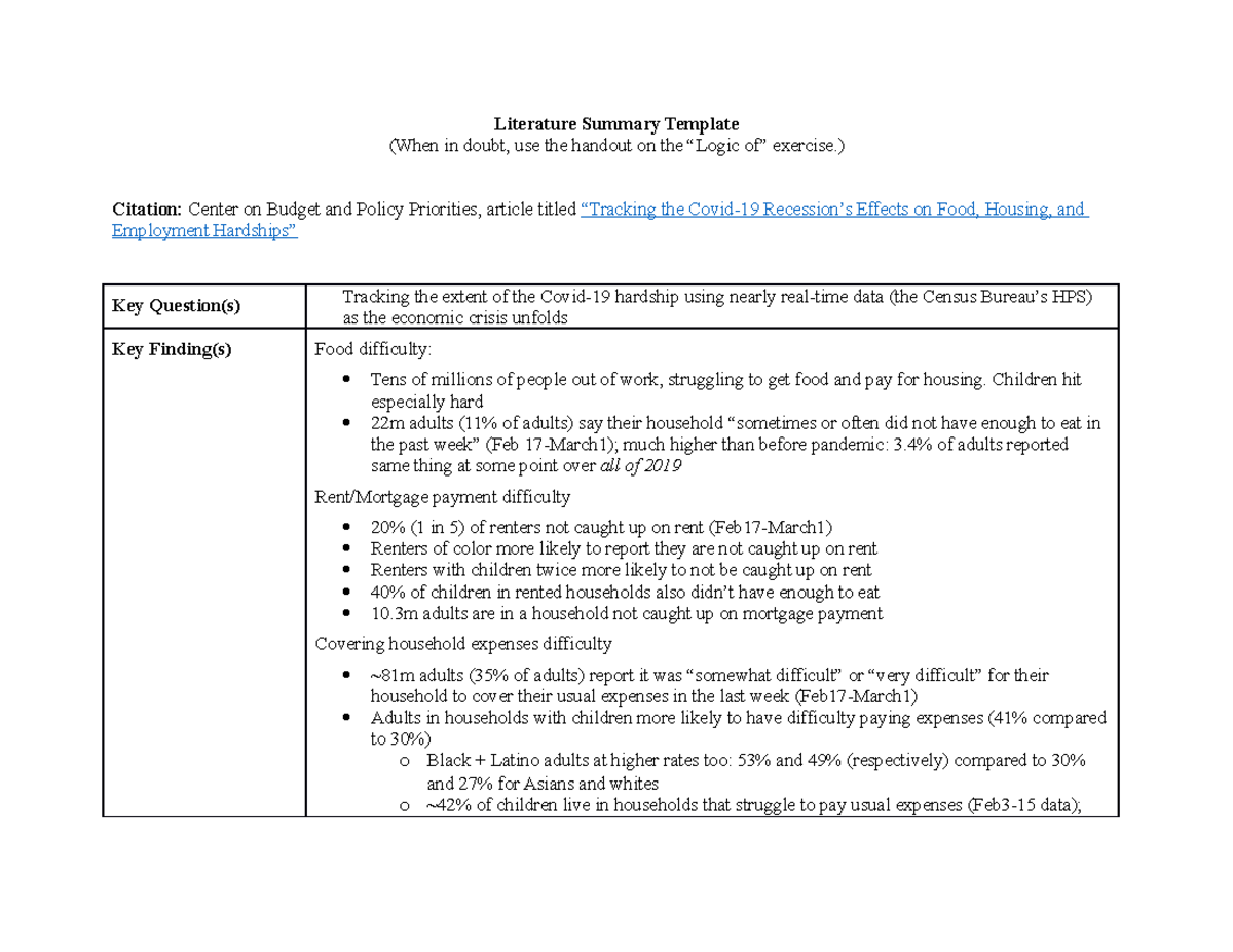 Literature Review Template - Literature Summary Template (When in doubt ...