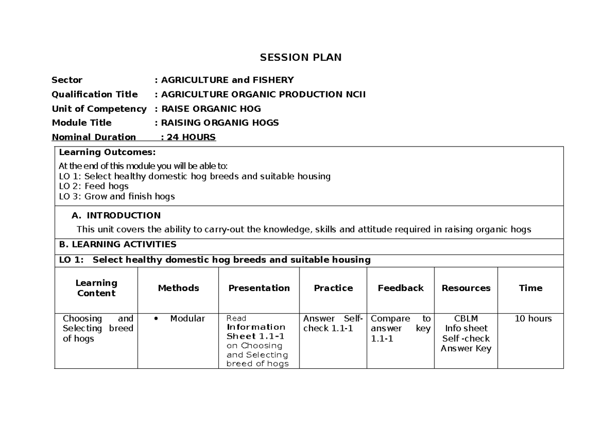 1. Session PLAN Raise Organic HOG - SESSION PLAN Sector : AGRICULTURE ...