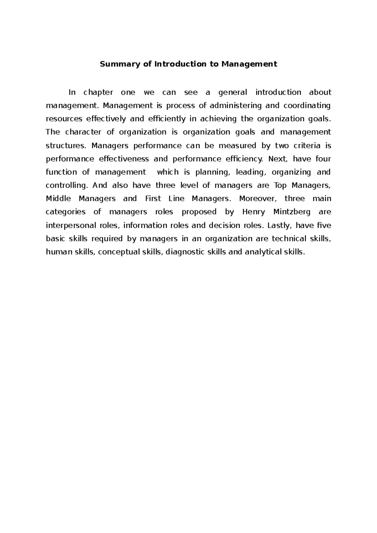 Summary of Introduction to Management - Management is process of ...