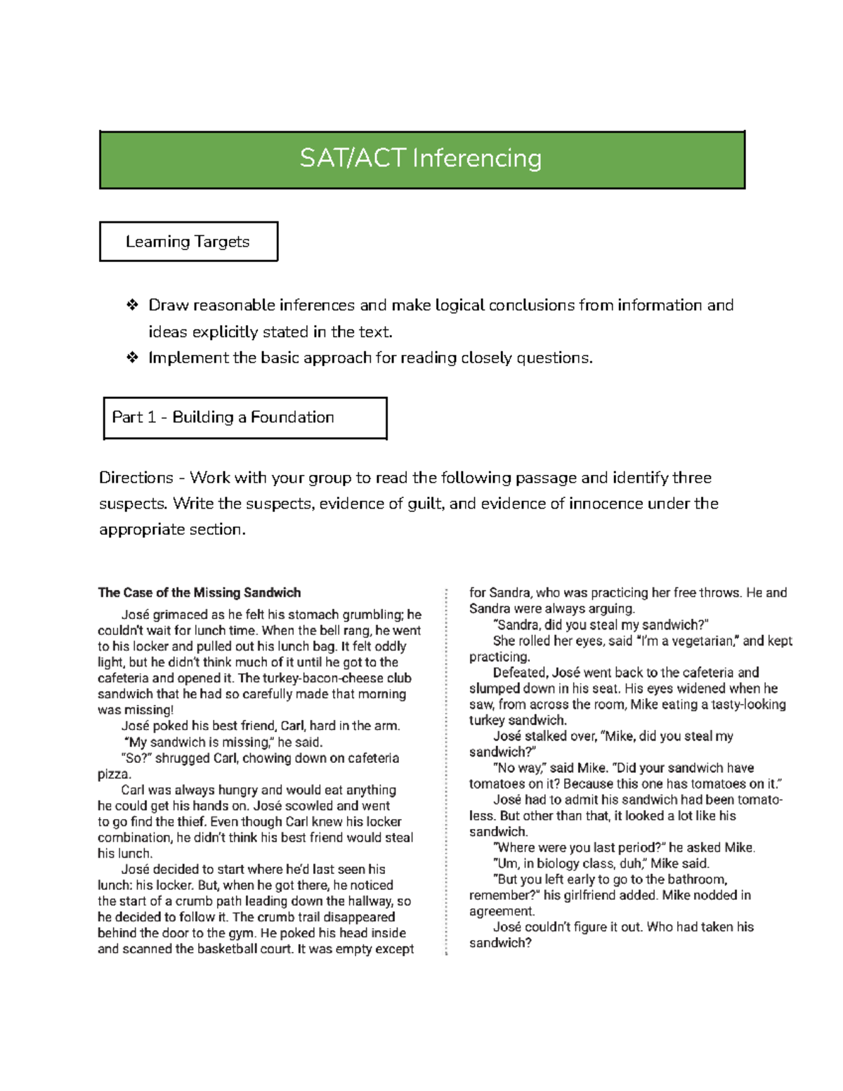 Copy of SAT ACT Inferencing - SAT/ACT Inferencing Learning Targets Draw ...