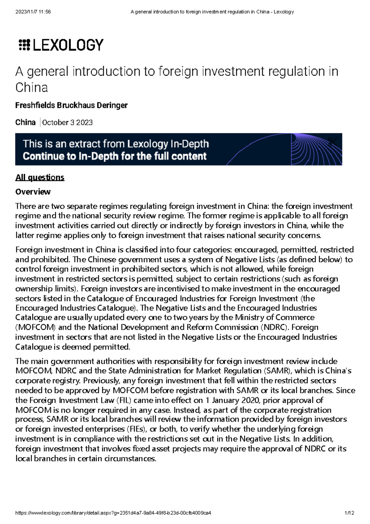 A general introduction to foreign investment regulation in China ...