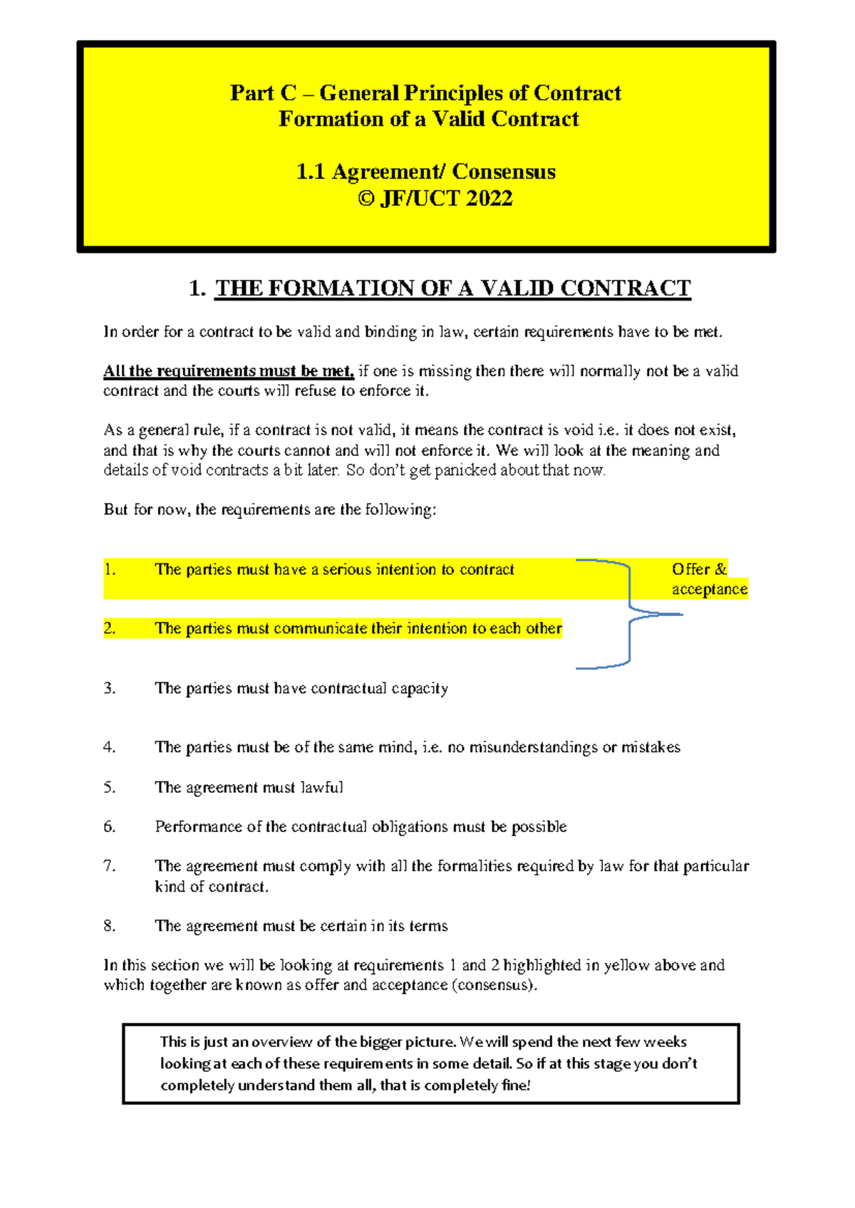 Agreement Consensus Notes 2022 - 1. THE FORMATION OF A VALID CONTRACT ...