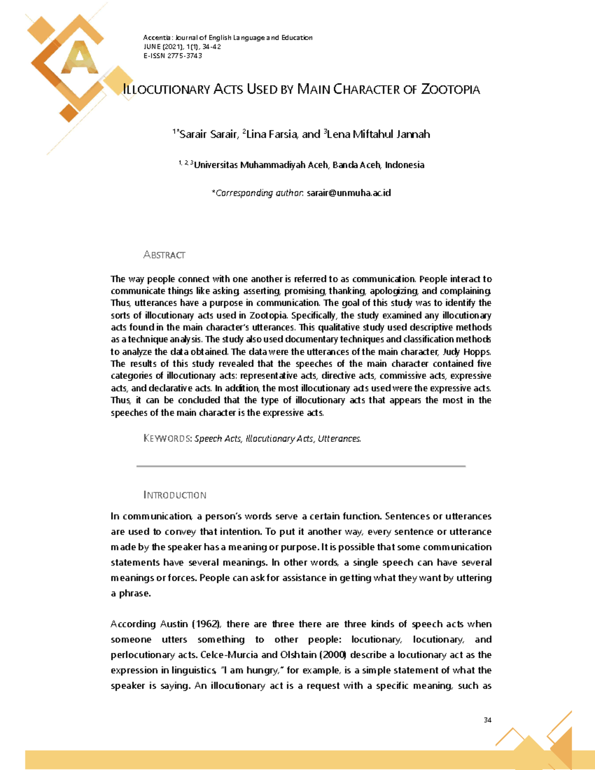 Illocutionary Acts Used by Main Character of Zootopia - Accentia ...