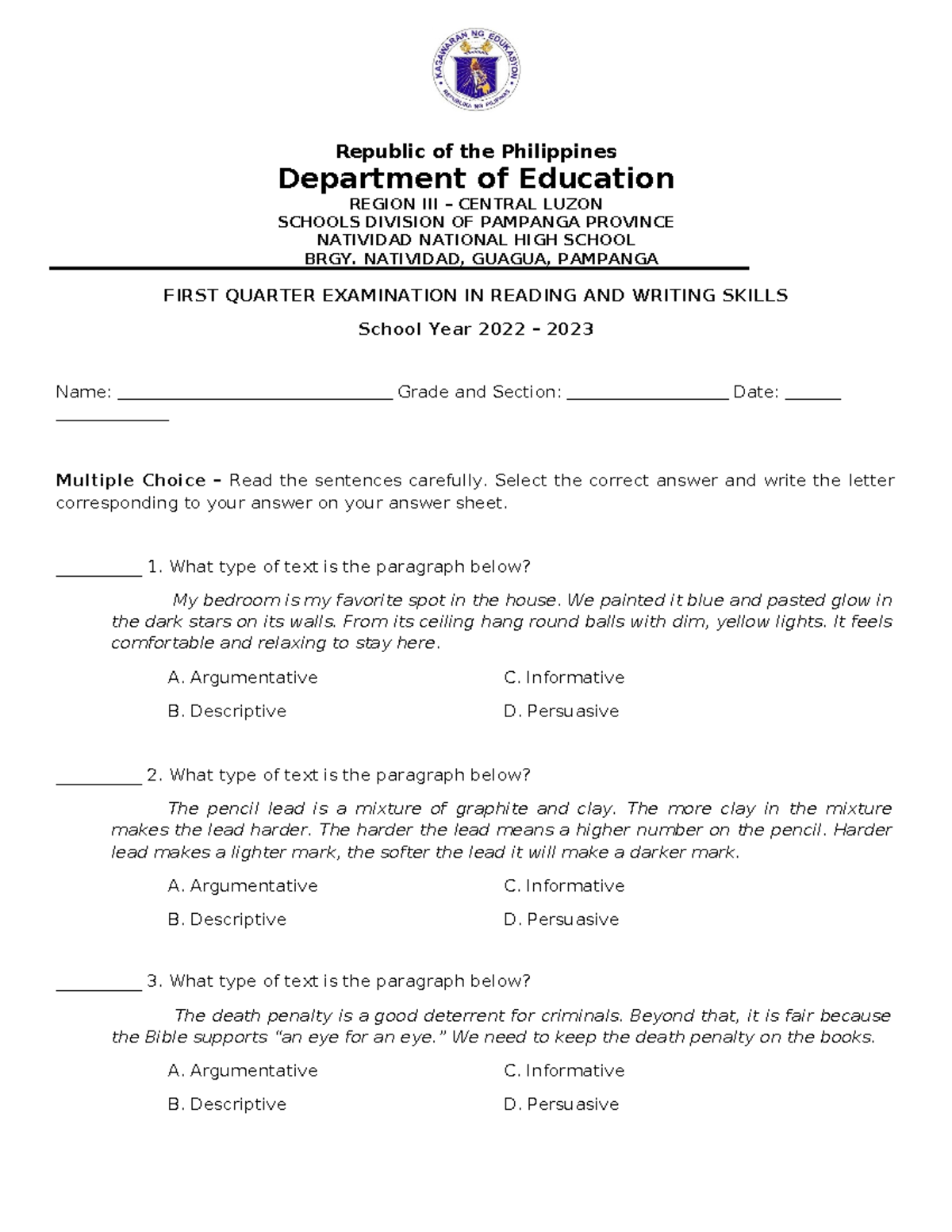 Periodic TEST Reading AND Writing Skills - Republic of the Philippines ...